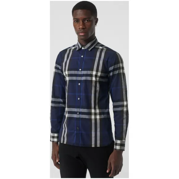 博百利/Burberry 男士 格纹弹力棉衬衫 (靛蓝) - 男士 40234821-小迈步海淘品牌官网