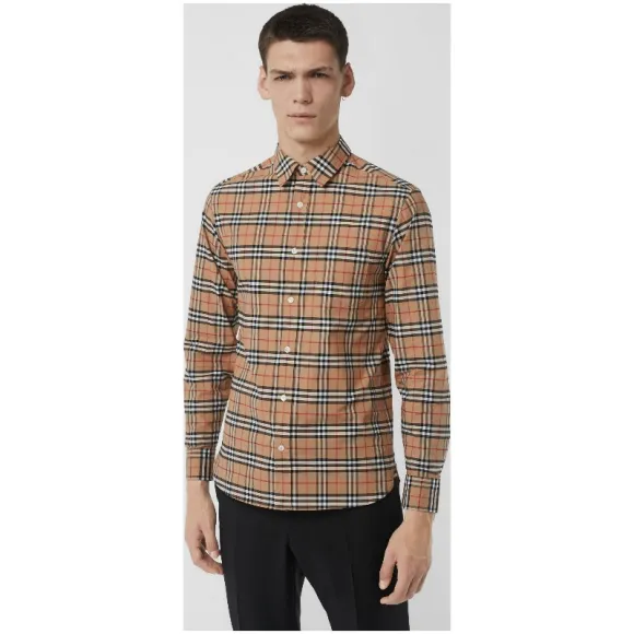 博百利/Burberry 男士 格纹弹力棉衬衫 (驼色) - 男士 80048321-小迈步海淘品牌官网