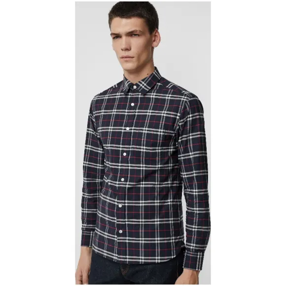 博百利/Burberry 男士 格纹弹力棉衬衫 (海军蓝) - 男士 80048351-小迈步海淘品牌官网