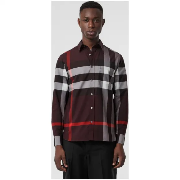 博百利/Burberry 男士 格纹弹力棉衬衫 (深红色) - 男士 80113851-小迈步海淘品牌官网