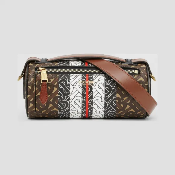 博百利/Burberry The Barrel - 专属标识条纹环保帆布拼皮革巴瑞尔包 (马勒棕) - 女士 80201701-小迈步海淘品牌官网