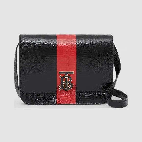 博百利/Burberry TB 中号条纹压花皮革锁扣包 (黑色) - 女士 80230471-小迈步海淘品牌官网