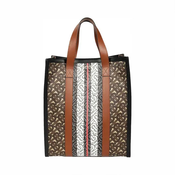 博百利/Burberry 小号专属标识条纹环保帆布竖版托特包 (马勒棕) - 女士 80242941-小迈步海淘品牌官网