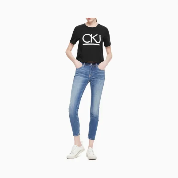 卡尔文·克莱恩/Calvin Klein 女士新款LOGO圆领短袖T恤 J211320-牛仔休闲系列-小迈步海淘品牌官网