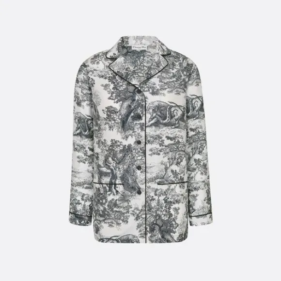 迪奥/Dior Dior Chez Moi 衬衫 白色和海军蓝色桑蚕丝斜纹面料茹伊印花 111V33A6805_X0861_T32-小迈步海淘品牌官网