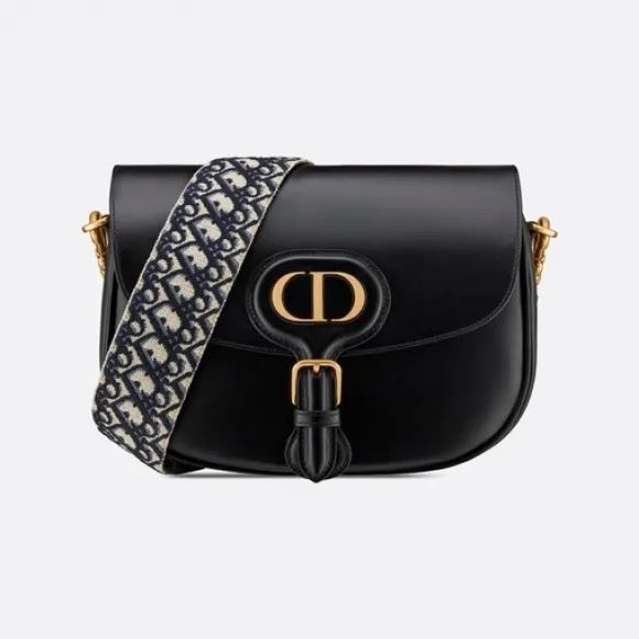 迪奥/Dior 大号 Dior Bobby 手袋 黑色光面牛皮革搭配蓝色 Oblique 印花肩带 M9320UMOB_M911_TU-小迈步 ...