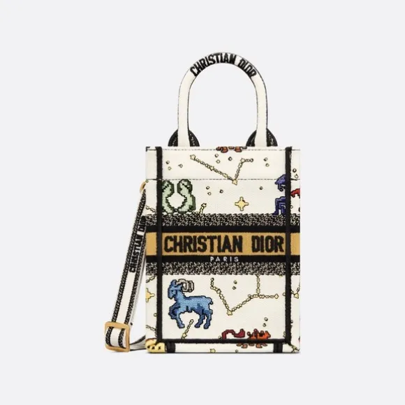 迪奥/Dior 迷你 Book Tote 手机袋 奶白色面料多色 Dior Pixel Zodiac 图案刺绣 (13 x 18 x 5 cm ...