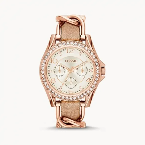 化石/Fossil Riley Multifunction Rose-Tone & Sand Leather Watch ES3466-小迈步 ...
