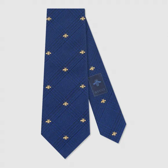 古驰/Gucci 蜜蜂格纹图案真丝纯棉领带 444445 4E617 4000-小迈步海淘品牌官网