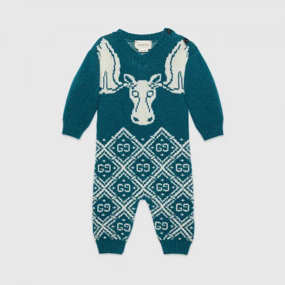 古驰/Gucci 婴儿GG驼鹿羊毛提花连体衣 590318_XKA1D_4054-小迈步海淘品牌官网