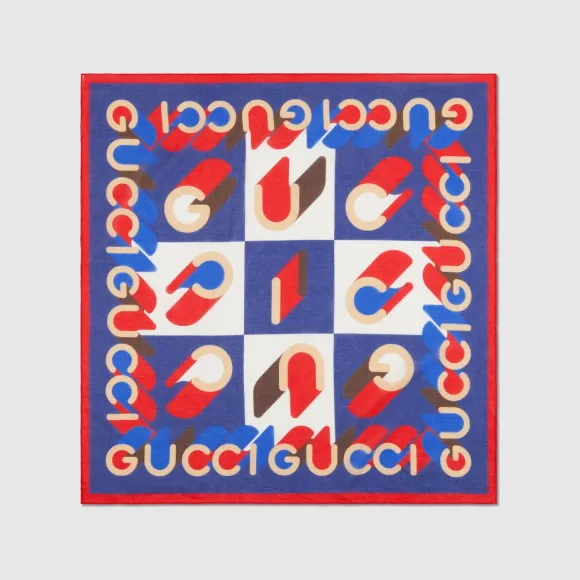 古驰/Gucci 蓝色和红色复古几何Gucci棉纱方巾 741510-4G101-4174-小迈步海淘品牌官网