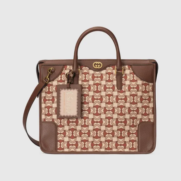 古驰/Gucci 米色和深红色棉布互扣式双G马衔扣提花公文包 752592-FAB9Q-9755-小迈步海淘品牌官网