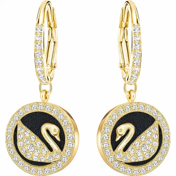 施华洛世奇/Swarovski Leather Swan 水滴形耳环 天鹅 黑色 镀金色调 5374918-小迈步海淘品牌官网
