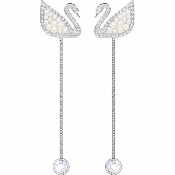 施华洛世奇/Swarovski Iconic Swan 穿孔耳环, 白色, 镀铑 5429270-小迈步海淘品牌官网