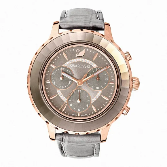 施华洛世奇/Swarovski Octea Lux Chrono 腕表 瑞士制造 真皮表带 灰色 玫瑰金色调润饰 5452495-小迈步海淘品牌官网