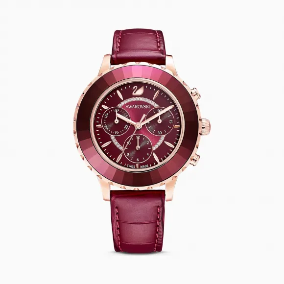 施华洛世奇/Swarovski Octea Lux Chrono 腕表 瑞士制造 真皮表带 红色 玫瑰金色调润饰 5547642-小迈步海淘品牌官网
