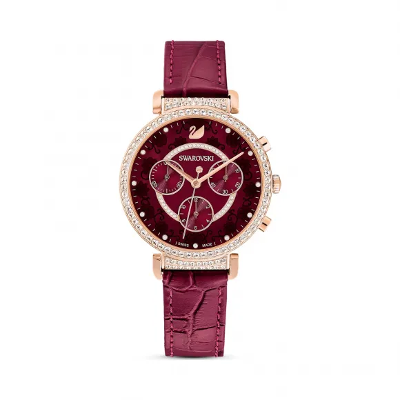 施华洛世奇/Swarovski Passage Chrono 腕表, 真皮表带, 红色, 玫瑰金色 PVD 5598689-小迈步海淘品牌官网