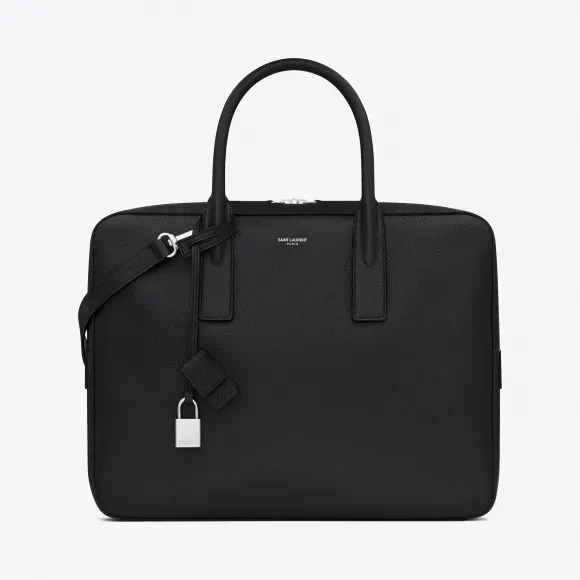 伊夫圣罗兰/Yves Saint laurent 经典MUSEUM单层公文包，采用黑色颗粒纹理皮革 342606BTY0N10-小迈步海淘品牌官网