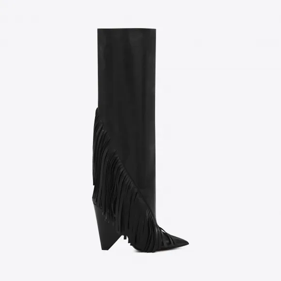伊夫圣罗兰 Yves Saint Laurent Niki 105带流苏黑色真皮及膝筒靴 484454d8x001000 小迈步海淘品牌官网