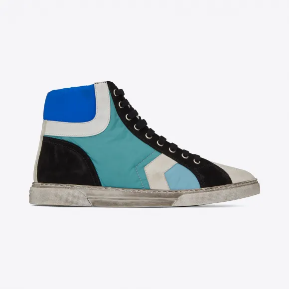 伊夫圣罗兰/Yves Saint laurent Joe 湖蓝色尼龙和做旧白色麂皮中帮运动鞋 488085D5XD09154-小迈步海淘品牌官网