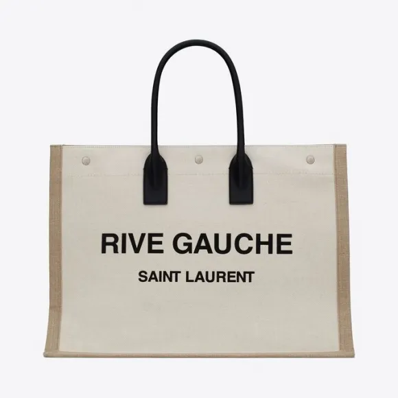 伊夫圣罗兰/Yves Saint laurent rive gauche白色亚麻和黑色真皮手提袋 499290FAABR9054-小迈步海淘品牌官网