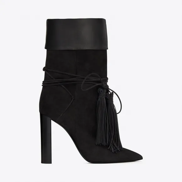 伊夫圣罗兰/Yves Saint laurent TANGER 105踝靴，黑色绒面革和皮革 5038270LI001000-小迈步海淘品牌官网