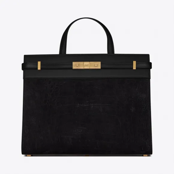 伊夫圣罗兰/Yves Saint laurent MANHATTAN鳄鱼压纹正绒面皮和光滑皮革小号购物袋-小迈步海淘品牌官网